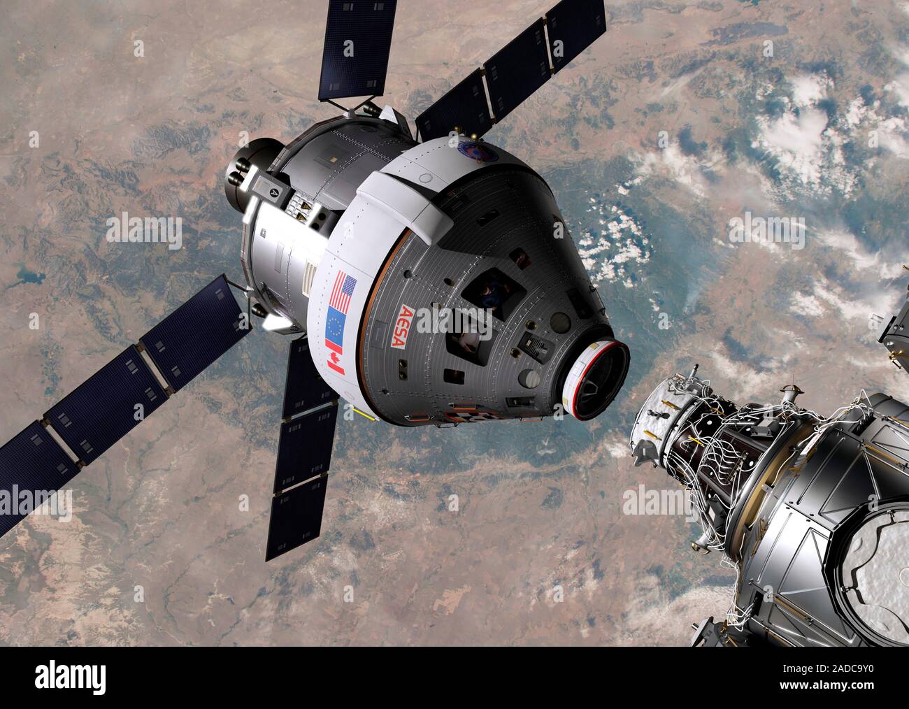 Illustration of a manned Crew Exploration Vehicle (CEV) preparing to ...