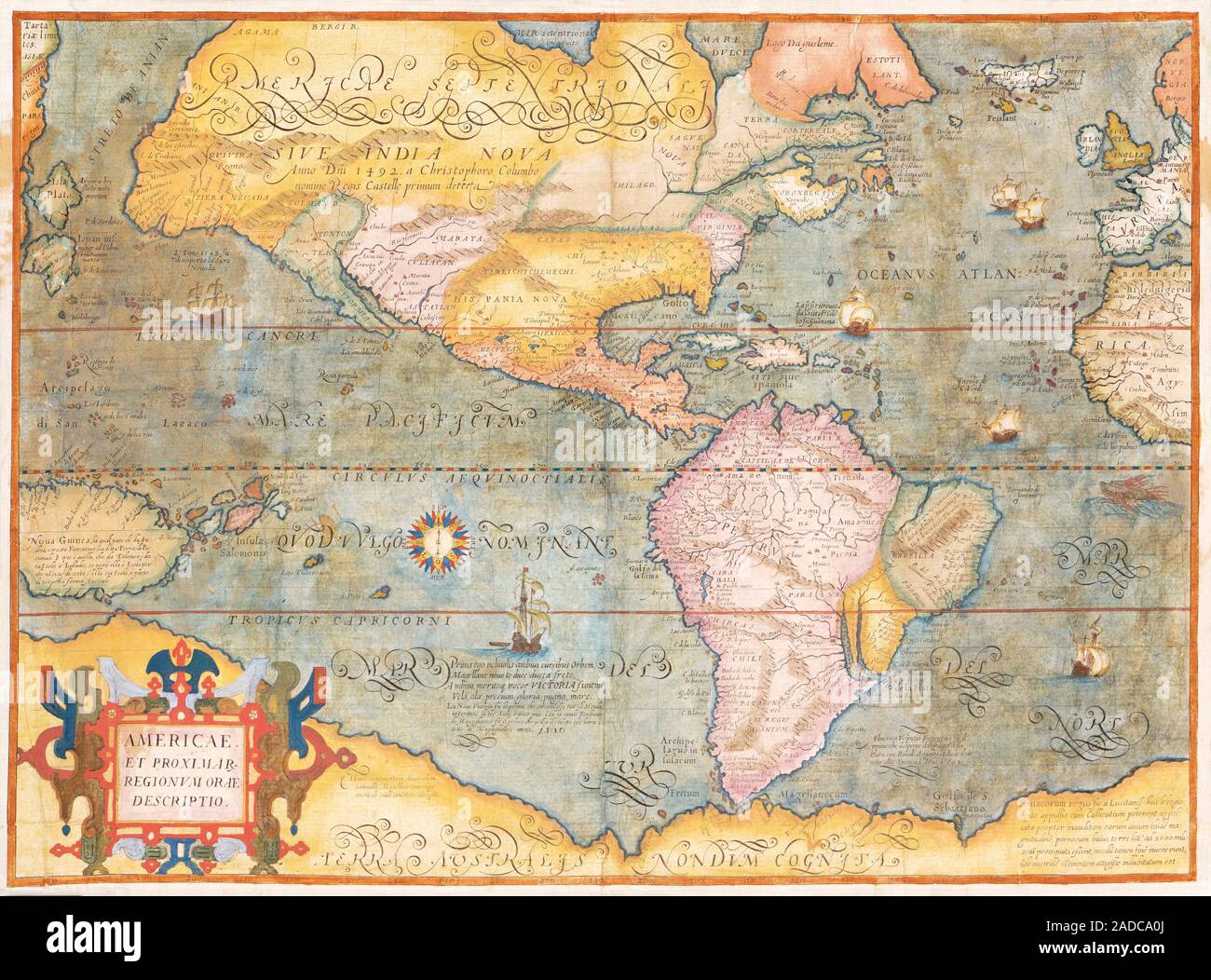 North and South America, 1590s. 16th-century map of the Americas ...