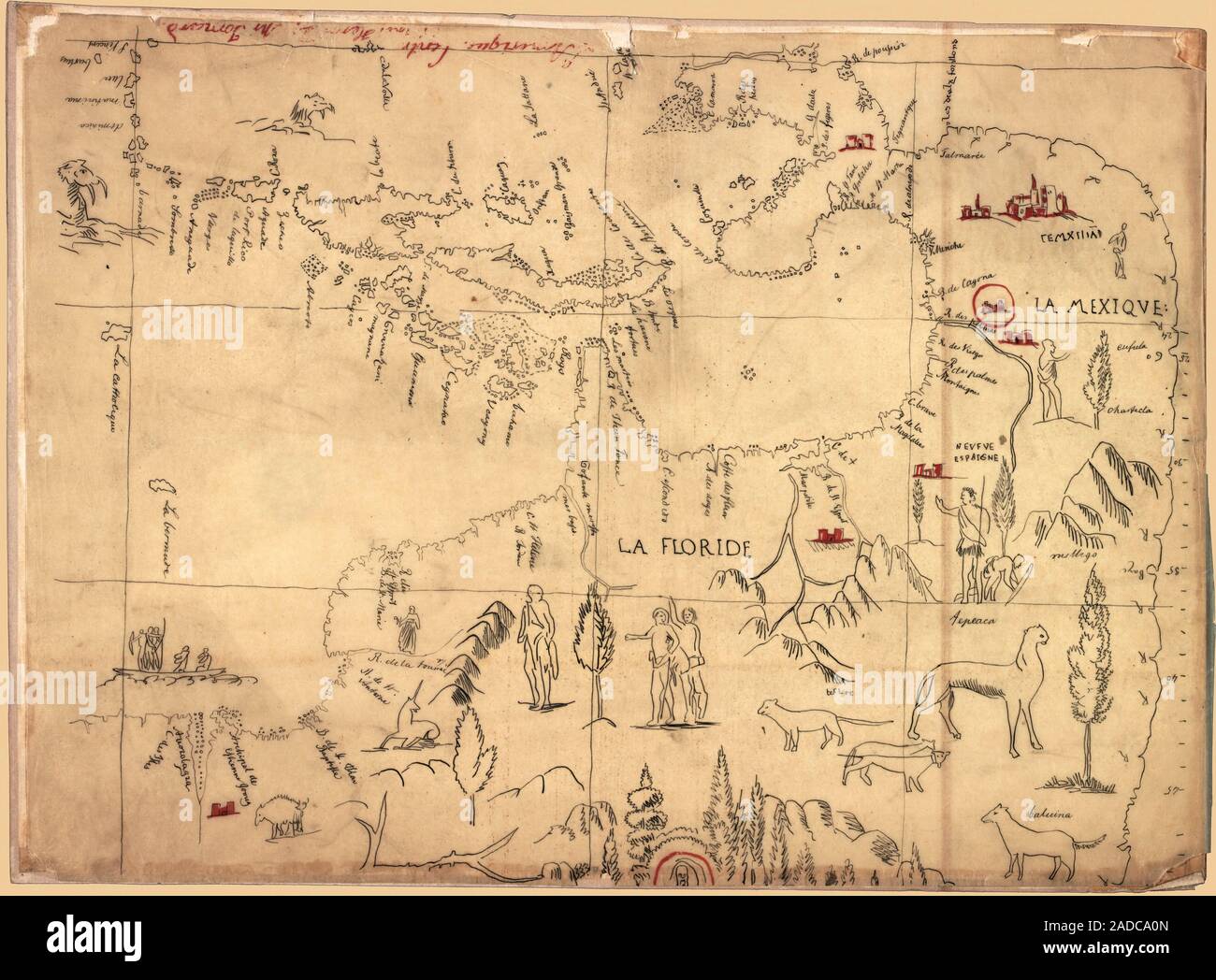 Southern North America, 1540s. 16th-century map of the southern regions ...