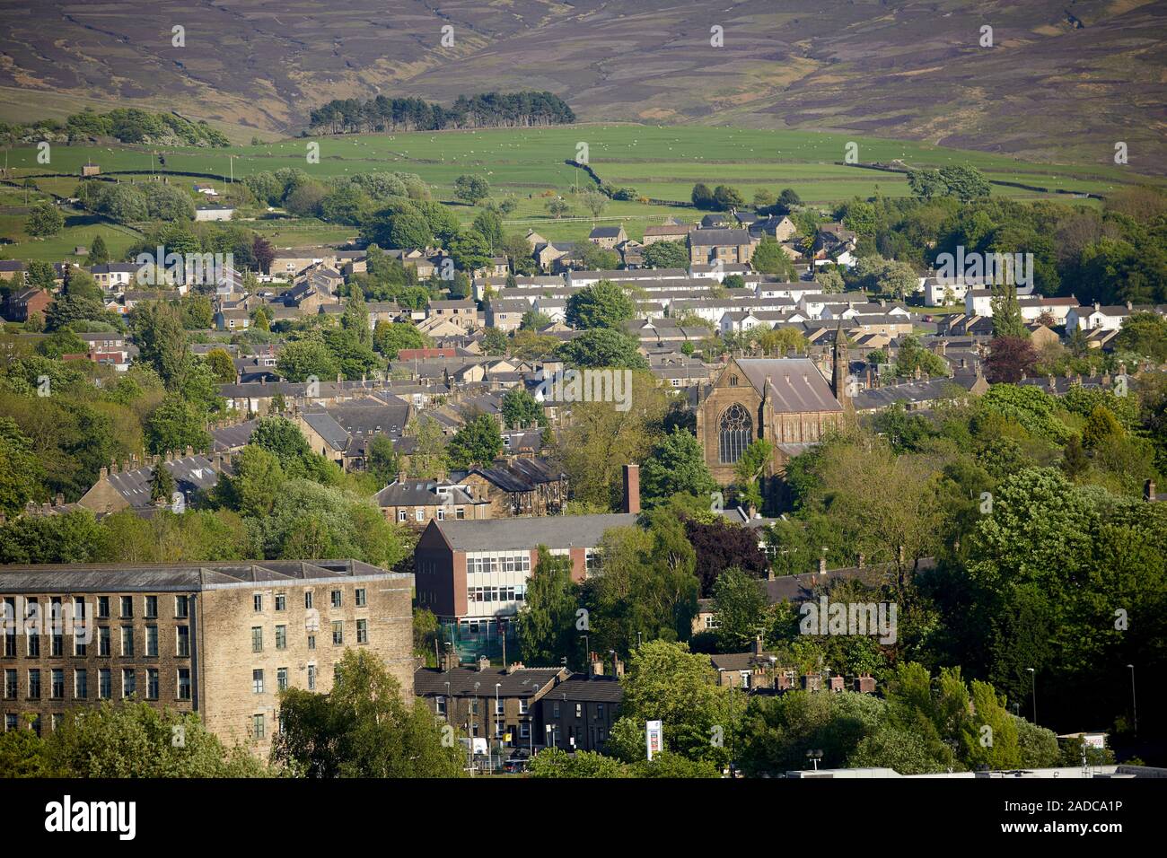 Glossop market town, the High Peak, Derbyshire, England. view into the ...