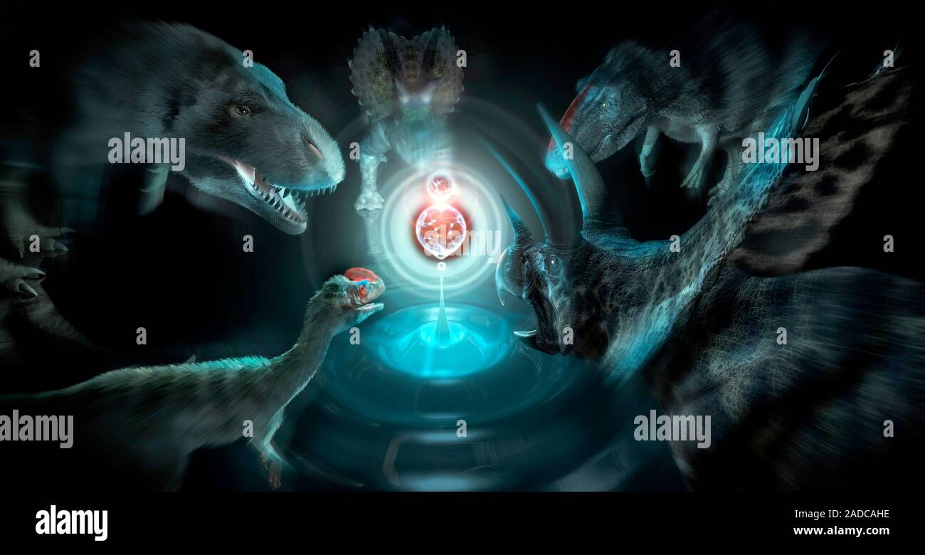 End of the dinosaurs. Illustration of dinosaurs centred around a ...