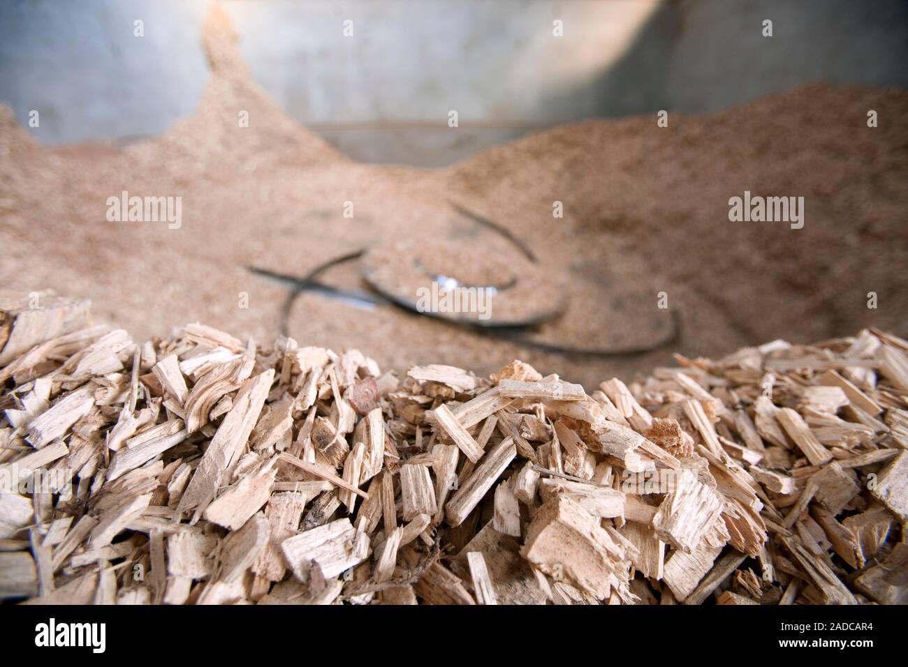 Wood chip boiler. Wood chip store and augur that automatically loads ...