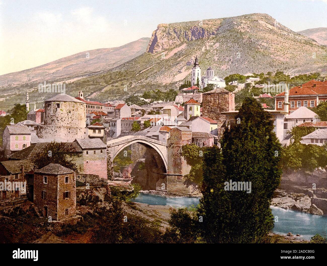 Coloured photograph of the Stari Most (Old Bridge) in Mostar ...