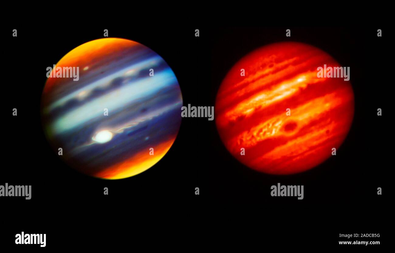 Jupiter. At left is false-colour infrared image of haze particles in ...