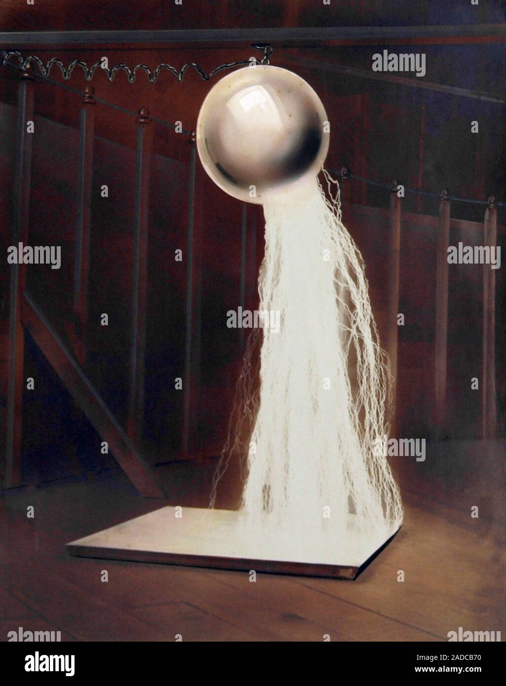 Tesla spark discharge experiment. 80-centimetre-wide ball being used in ...