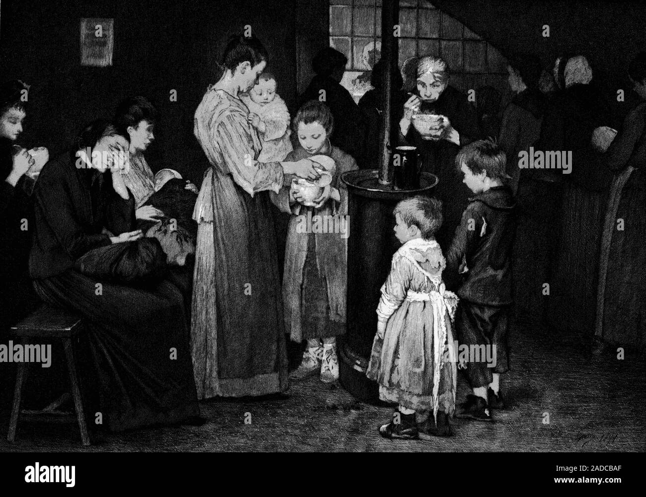 19th Century homeless shelter. 1892 illustration of women and children ...