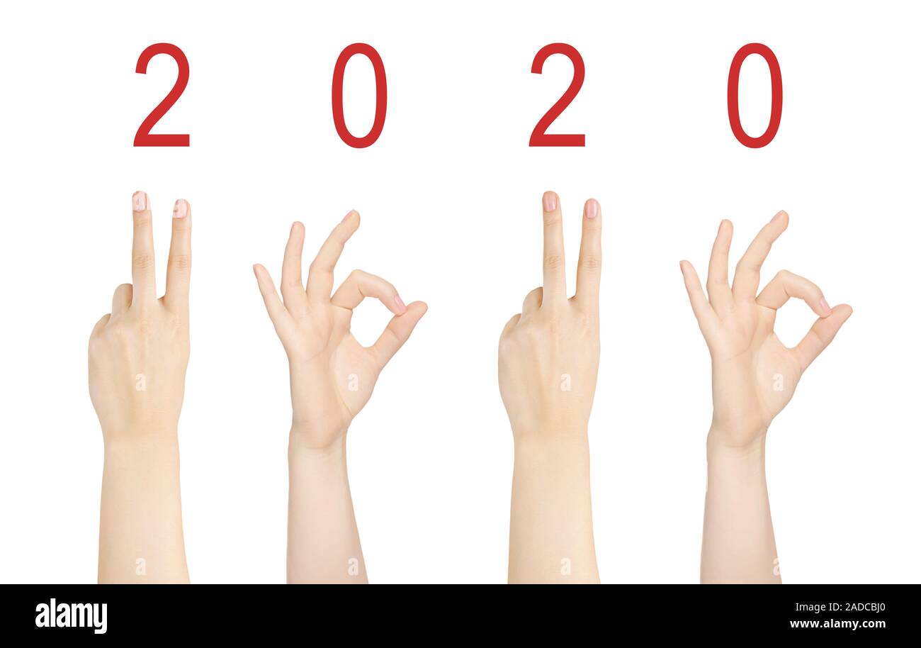 Woman hand gesture 2020 year isolated on white background Stock Photo ...