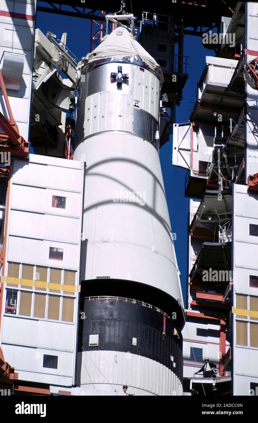 Apollo 1 spacecraft preparation. Apollo Spacecraft 012 being hoisted to ...