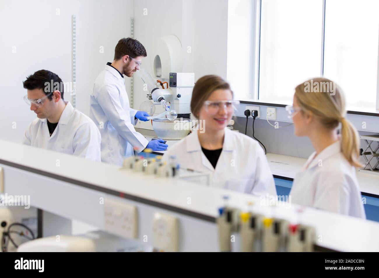 Chemistry students in an undergraduate teaching laboratory, working and ...