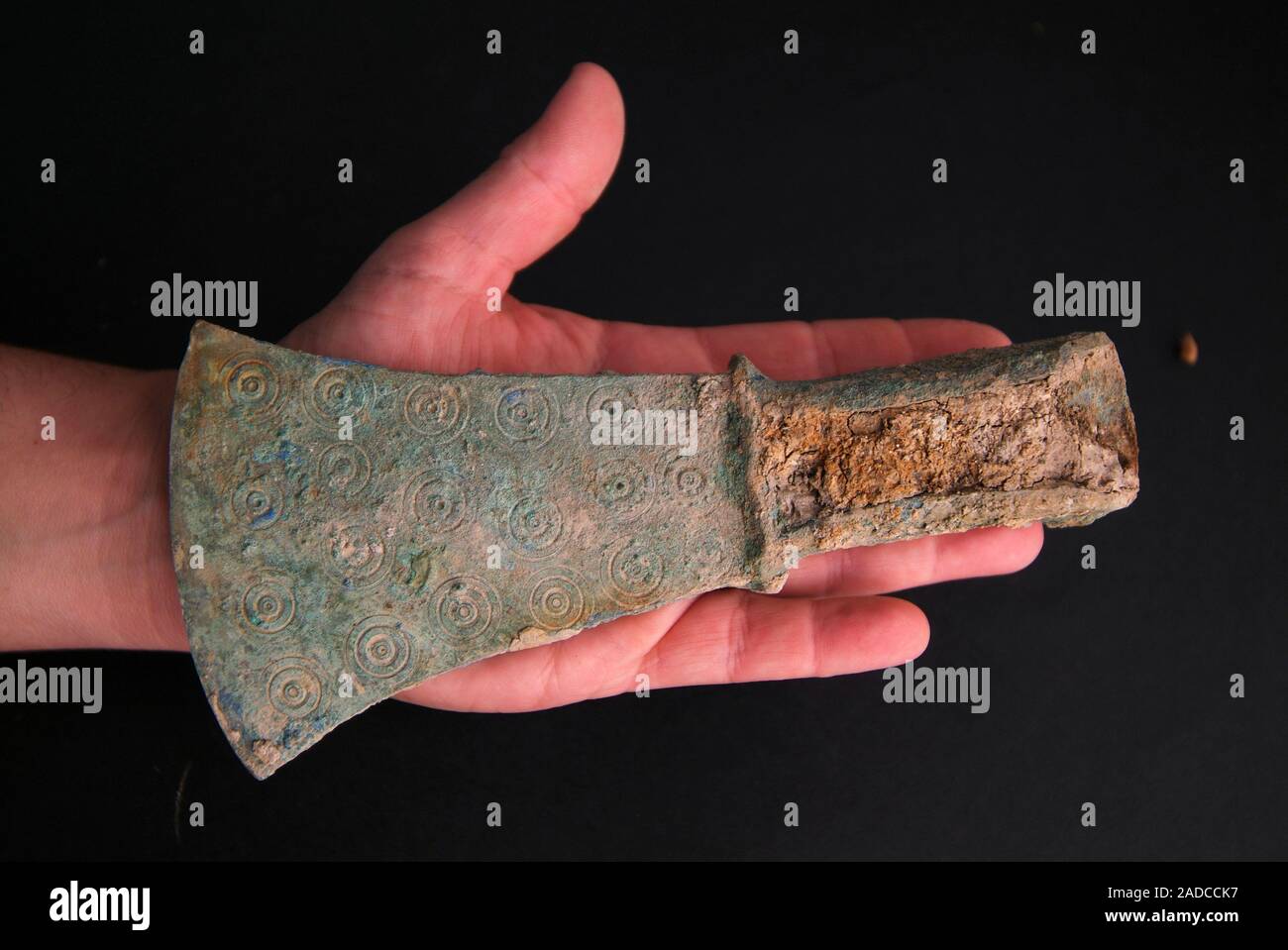 Conservation of Iron Age axe-head. Close-up of an Iron Age axe-head ...