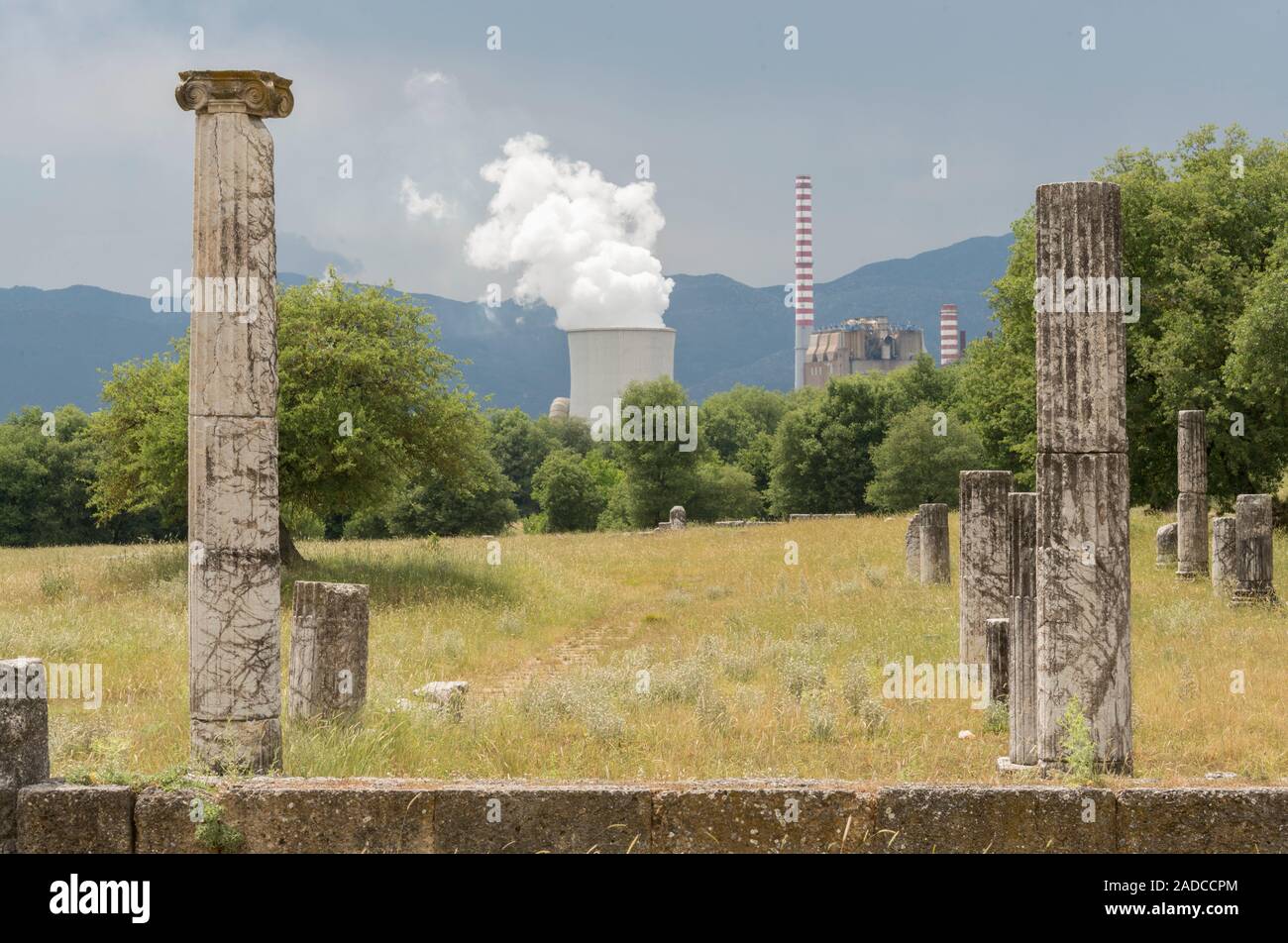 Ancient Megalopolis and Coal-fired Powerplant, Peloponnese, Greece ...