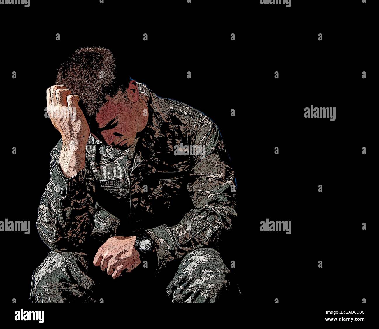 Post-traumatic stress disorder. Illustration of a member of the ...