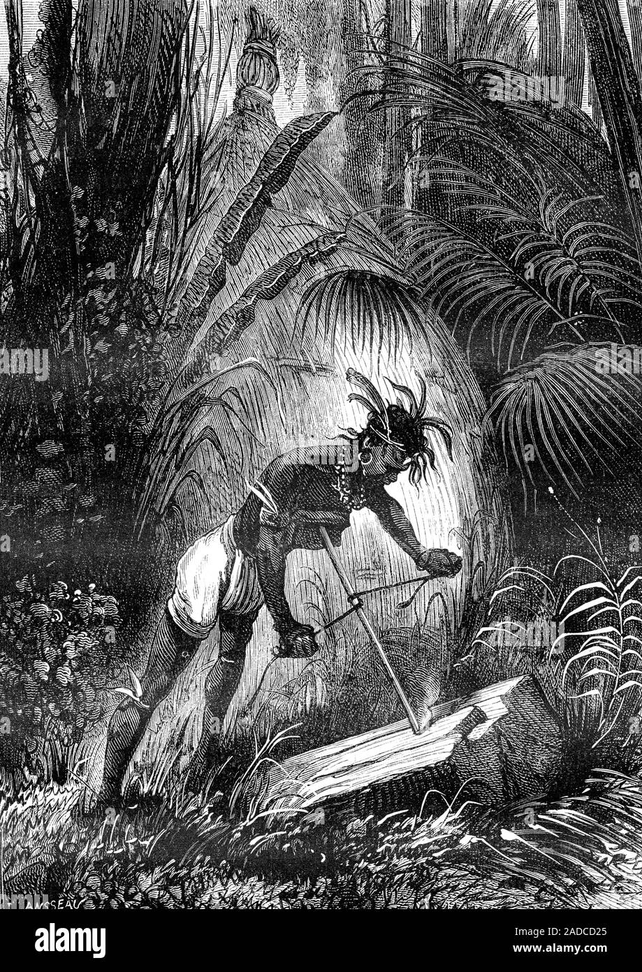 19th Century Native American making fire. 1880 illustration of a native ...