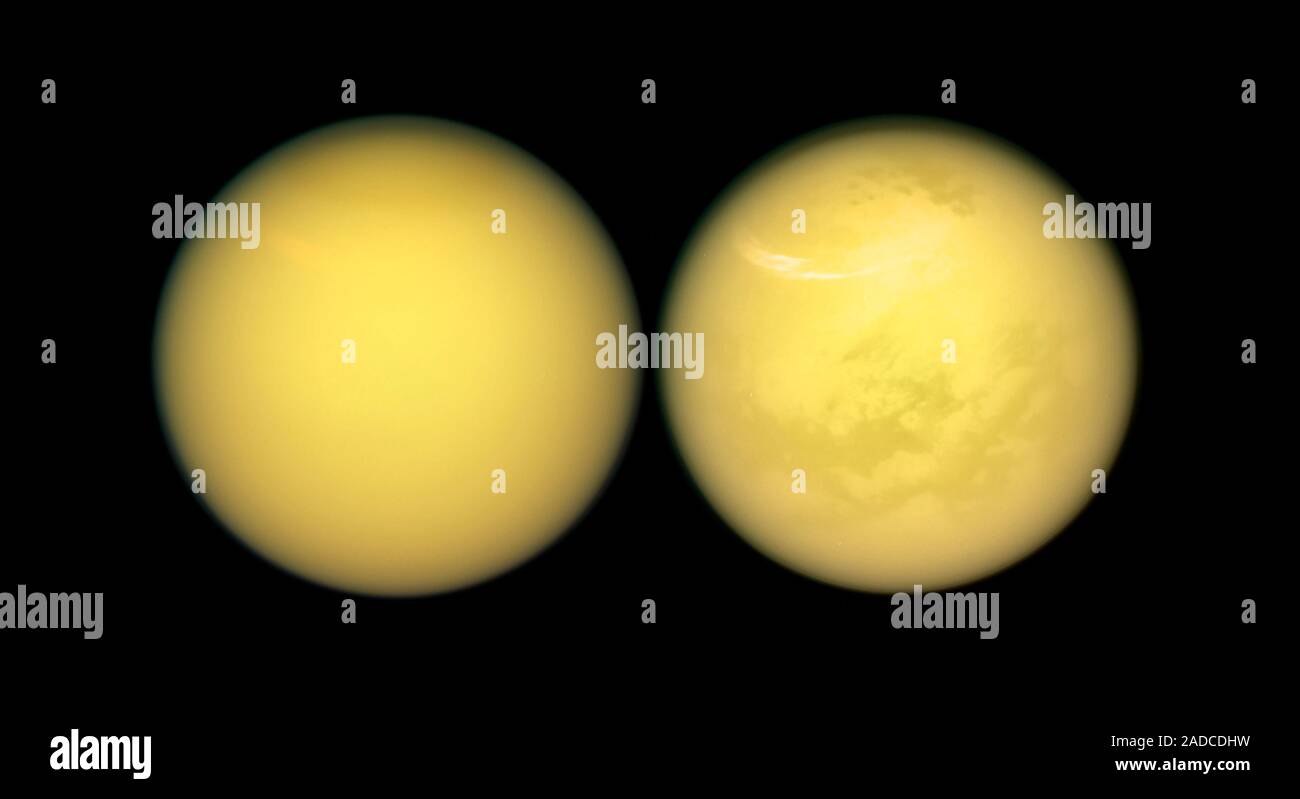 Saturn's moon Titan, Cassini images. Natural-colour image (left) and ...