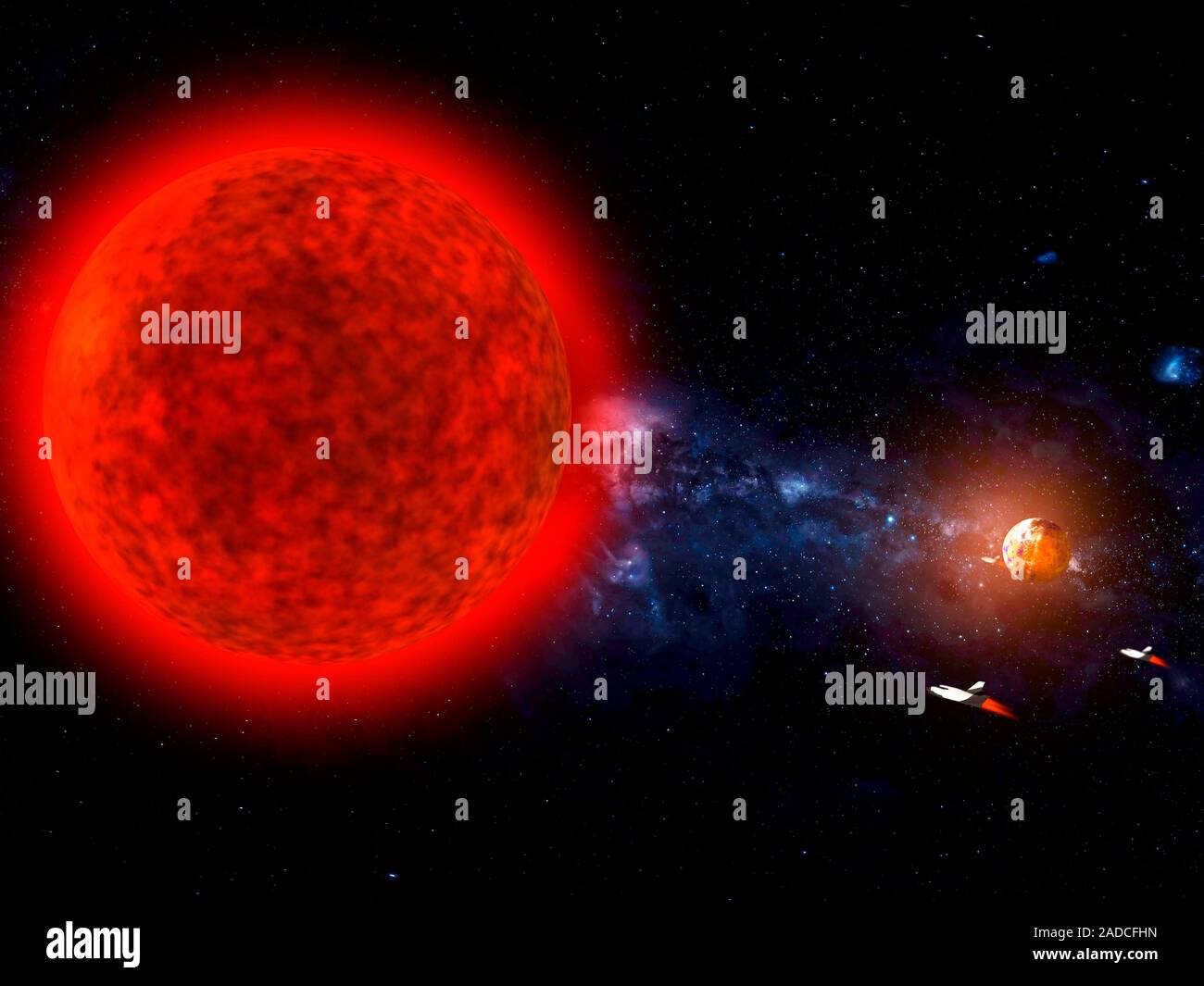 Exploration of a red dwarf star system. Illustration of spacecraft ...