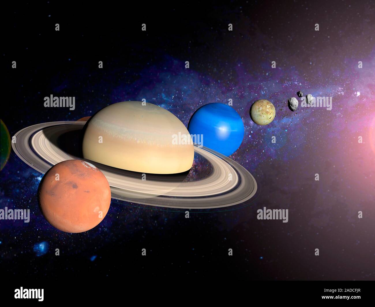 Planets, moon and asteroids. Illustration of (left to right) the ...