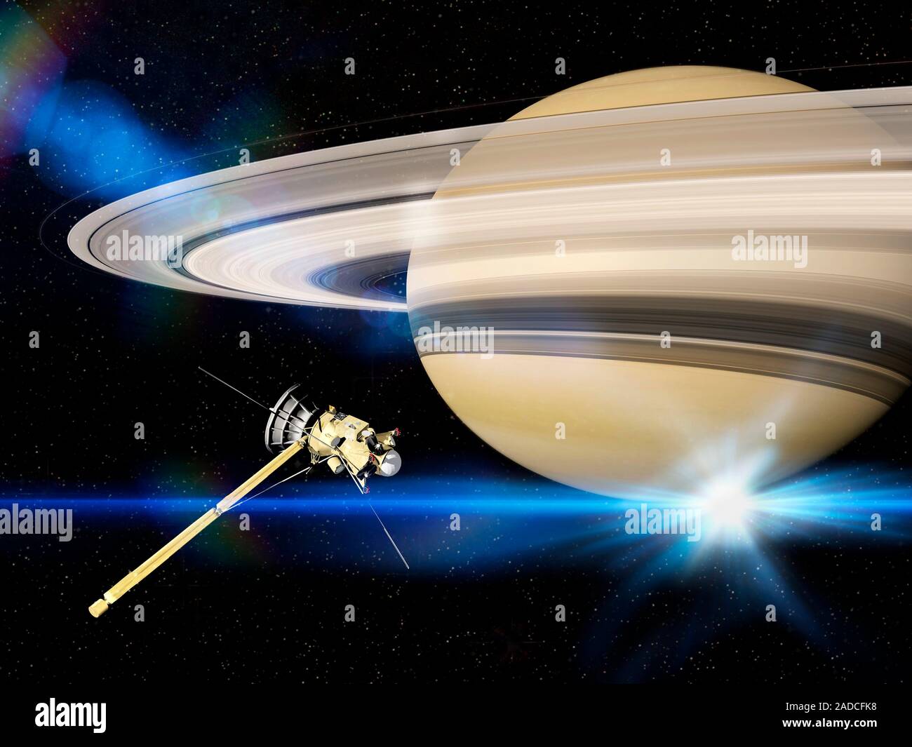Cassini's Grand Finale at Saturn. Illustration of the Cassini spacecraft orbiting Saturn towards ...