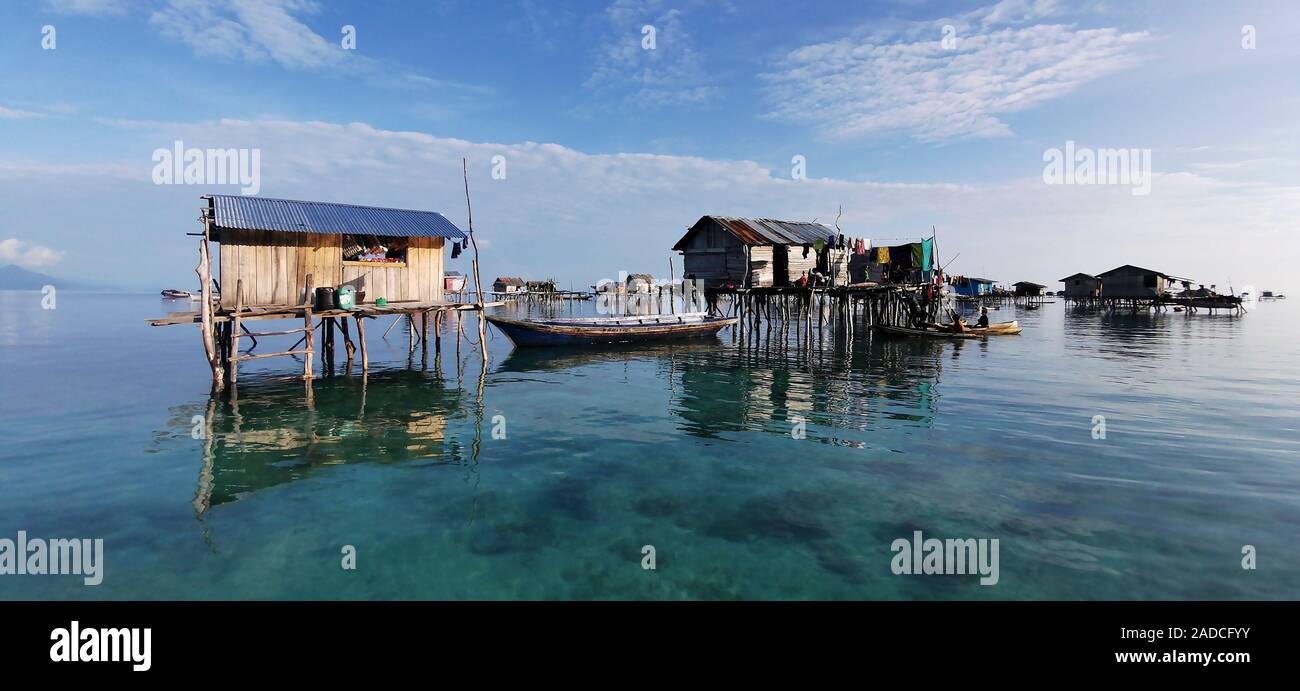 Aerial view of the island in semporna and sea gypsy water village ...