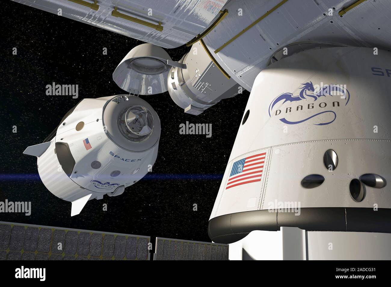 SpaceX's Crew Dragon docking with ISS. Computer illustration of a ...