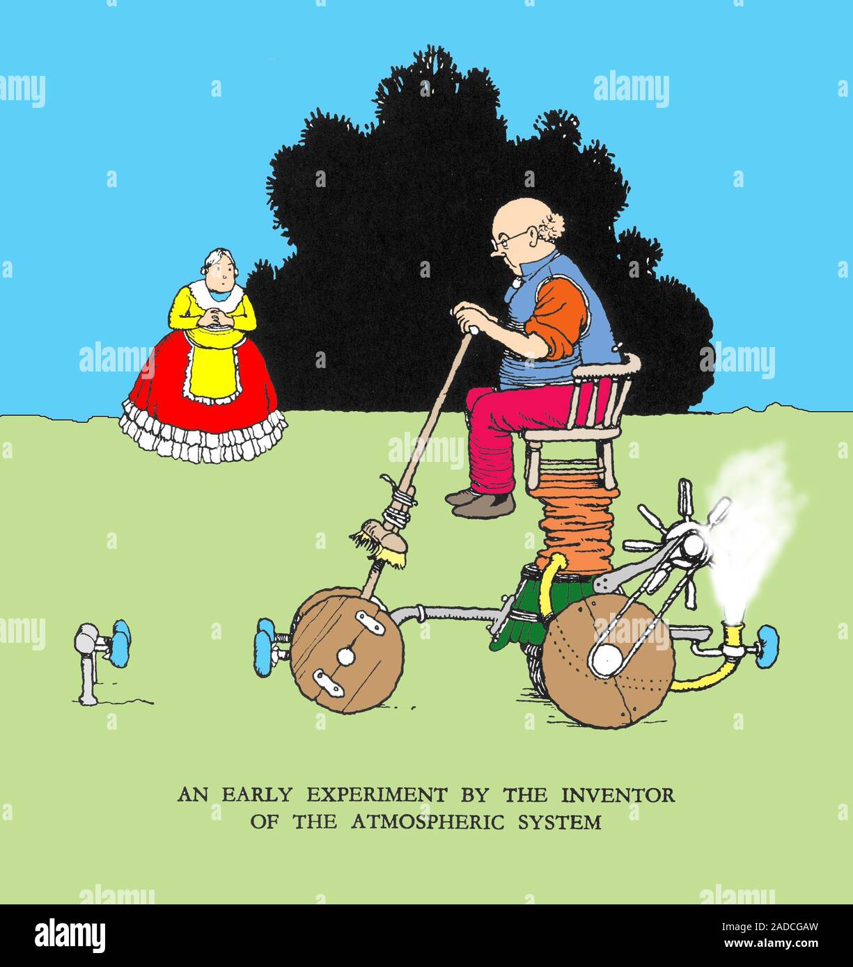 Coloured cartoon entitled 'An Early Experiment By The Inventor Of The ...