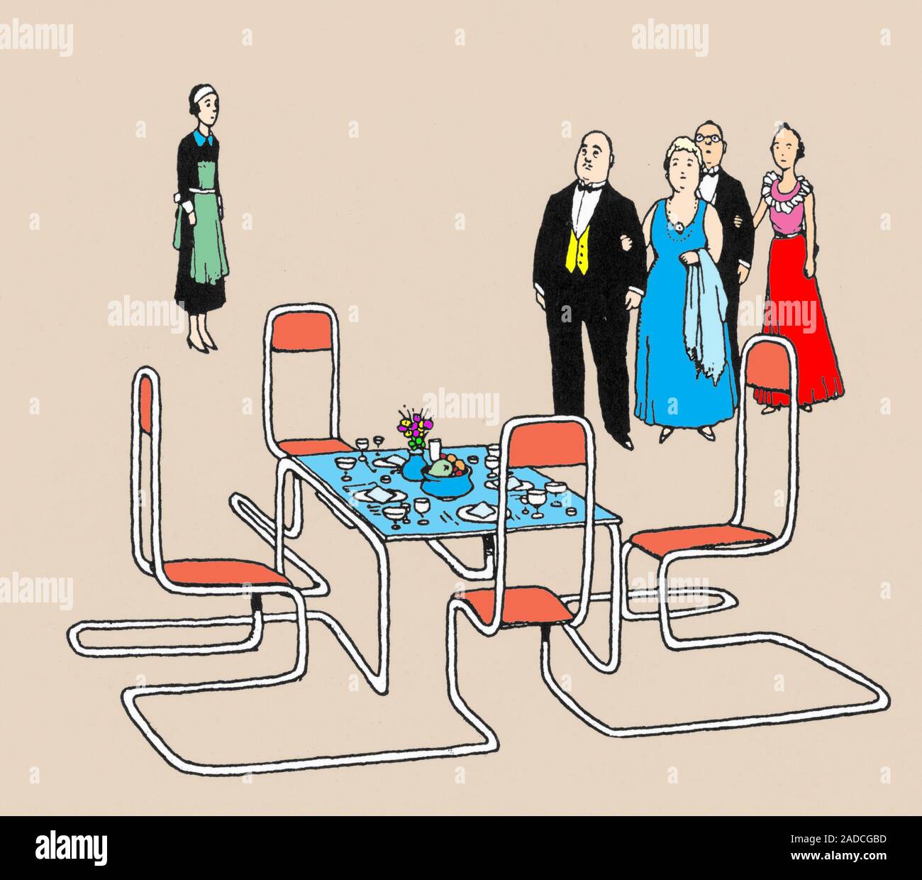 Coloured cartoon of a dining table by the English cartoonist and ...