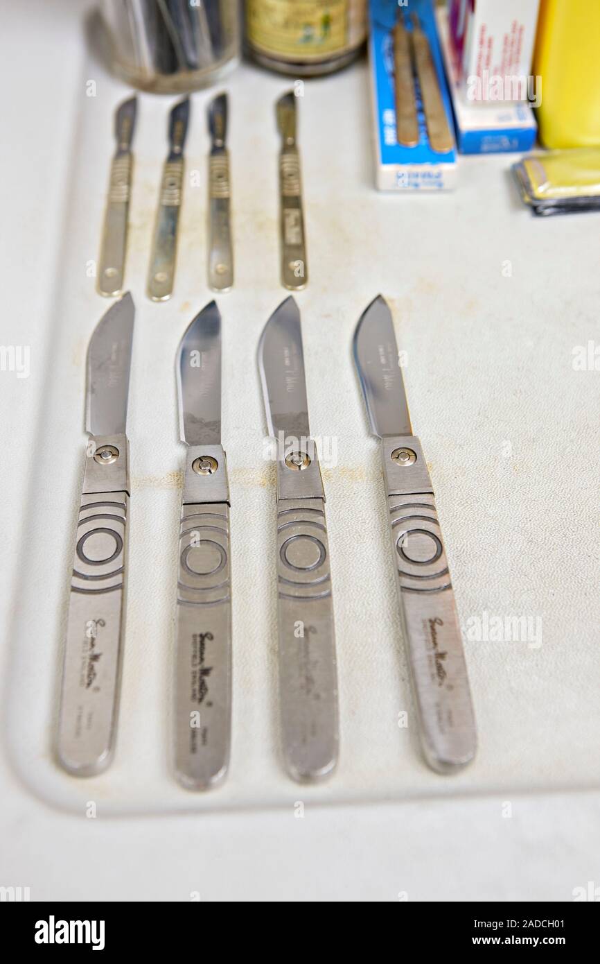 Autopsy room. Close-up of scalpels ready for use in a mortuary Stock ...