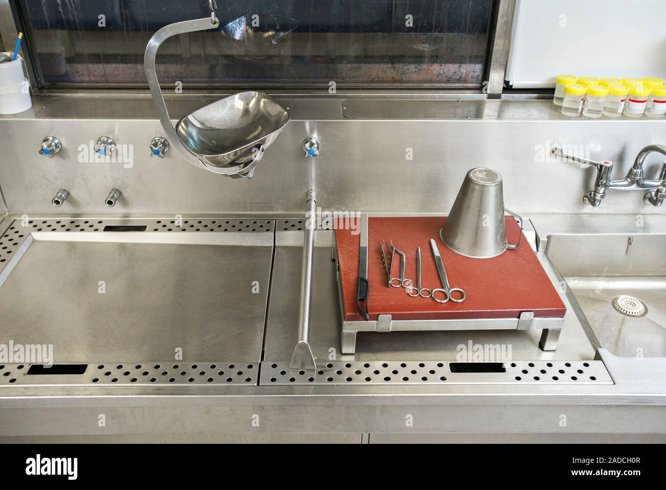 Autopsy room. Autopsy sinks and scales used to weigh body parts in a ...