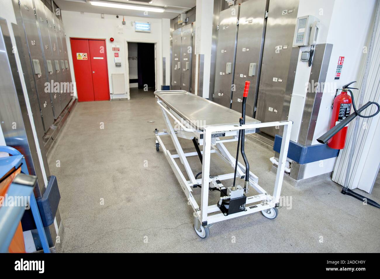 Mortuary. Hydraulic body lifting trolley and body tray, with ...