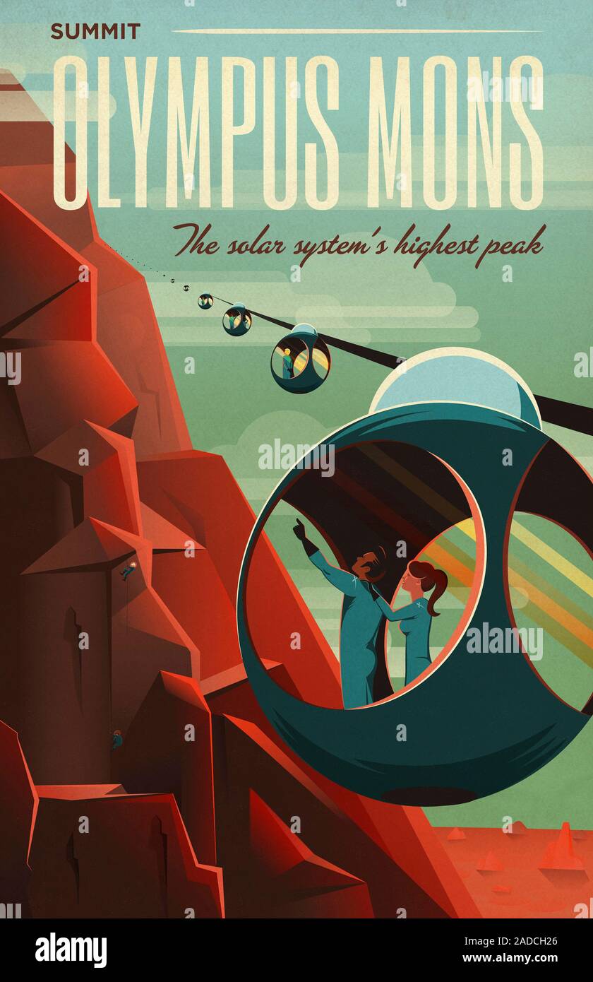 Martian tourism poster. Poster promoting tours of Olympus Mons, a ...