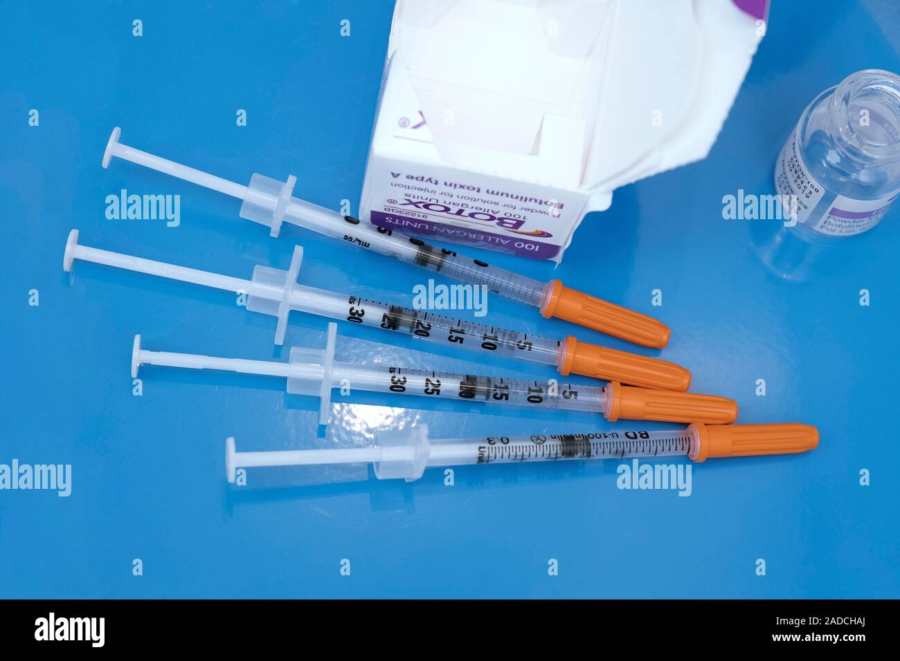 Botox cosmetic toxin. Syringes and a box containing a powder used to ...