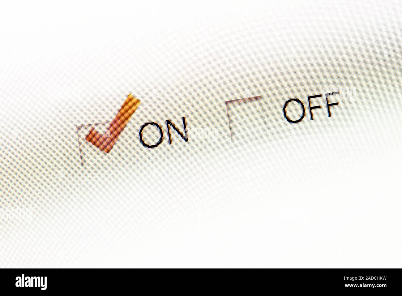 Internet checkbox. Tick in an 'ON' checkbox Stock Photo - Alamy