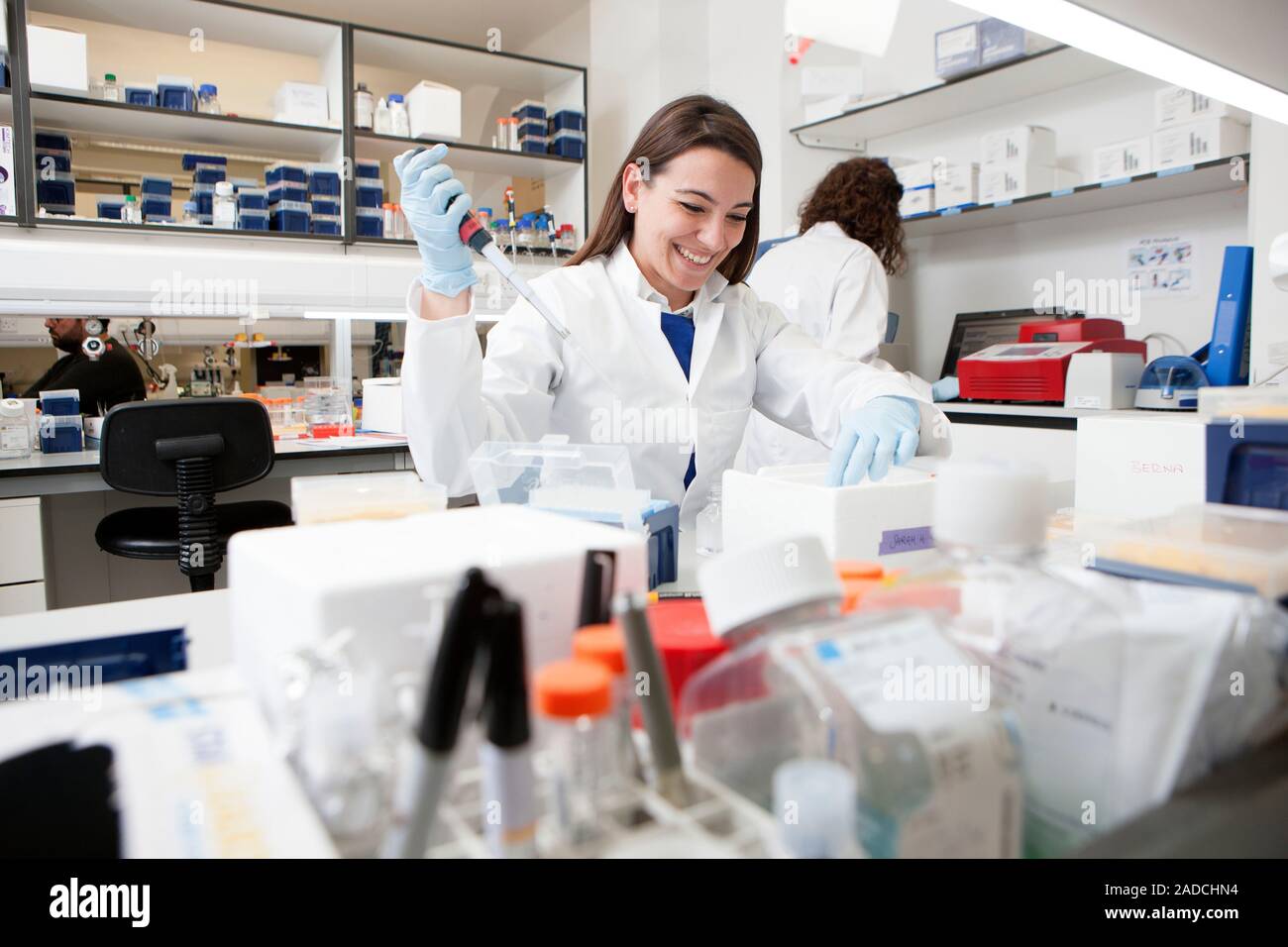 Stem cell research. Researchers working with stem cells in an ...