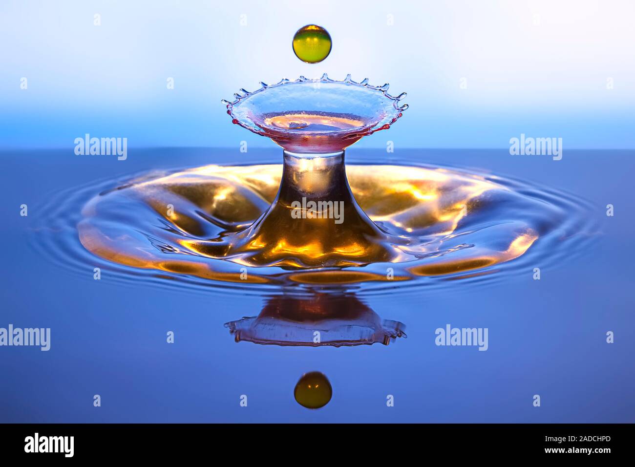 Water drop impact. High-speed photograph of secondary drop formation ...