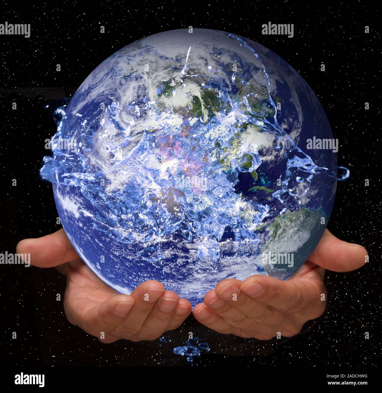 Earth and water in human hands, conceptual illustration Stock Photo - Alamy