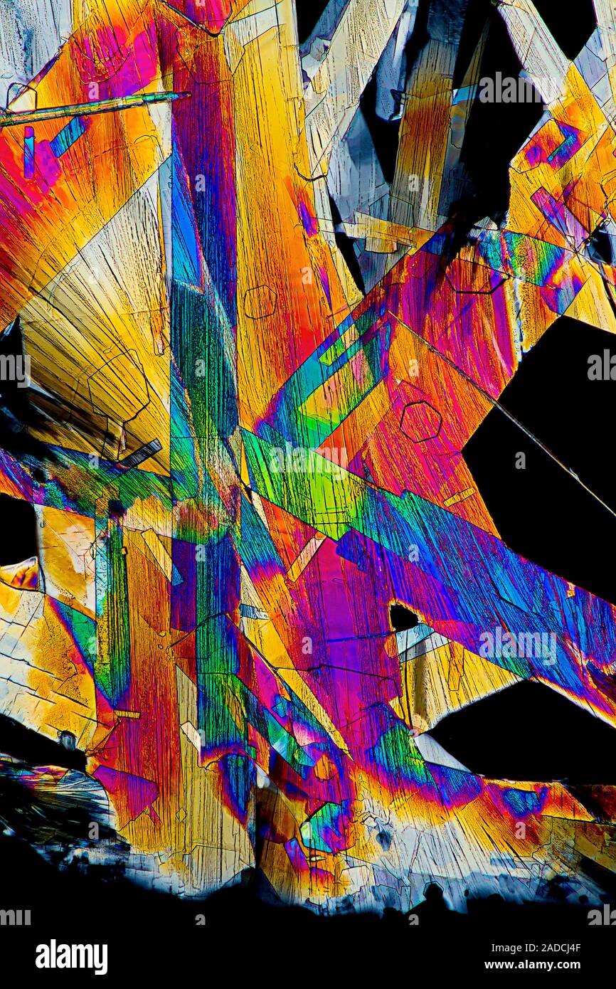Polarized light micrograph of ciprofloxacin drug crystals, a broad ...