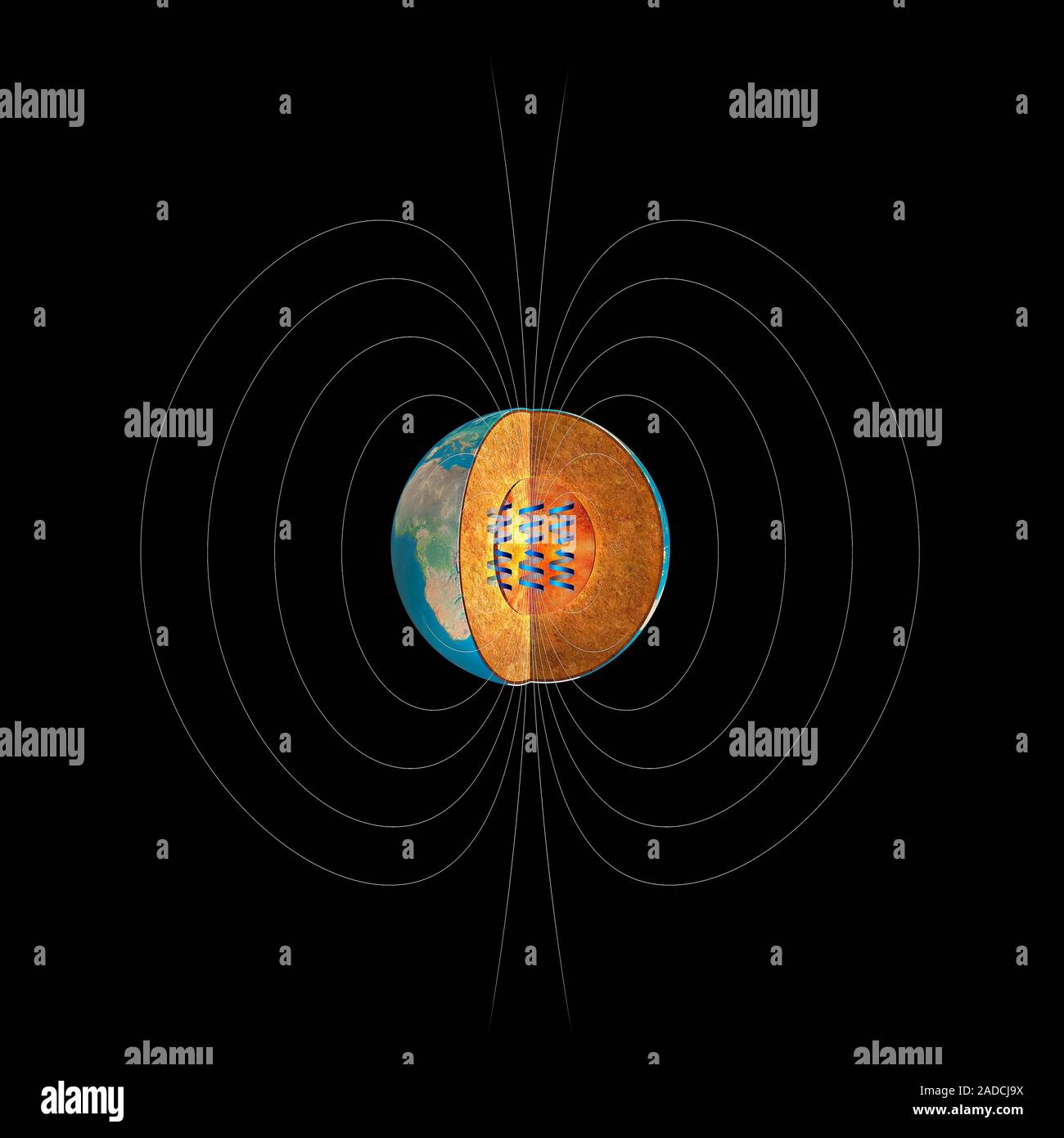 Earth's interior and magnetic field. Illustration of the internal ...