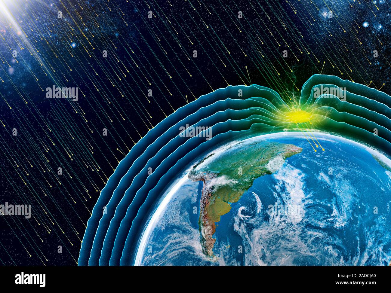 Earth's magnetic field and aurora. Illustration of charged particles ...