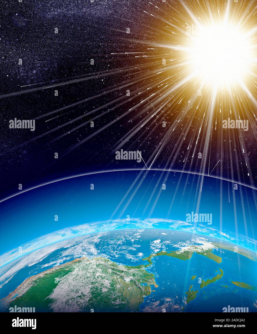 Sun and Earth. Illustration of radiation and charged particle from the ...