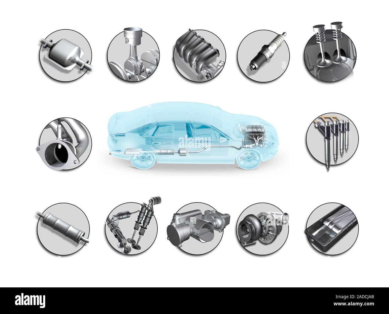 Car components, illustration. The components of a car and its engine ...