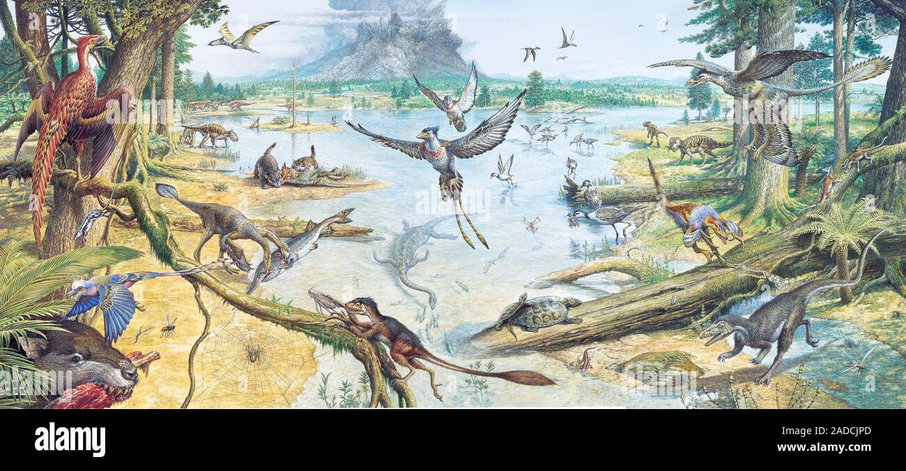Jehol Biota. Illustration of a prehistoric scene, showing the animals ...