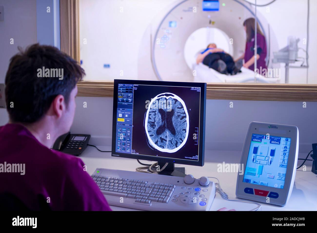 Radiographer viewing a CT scan. Radiographer viewing an axial brain ...