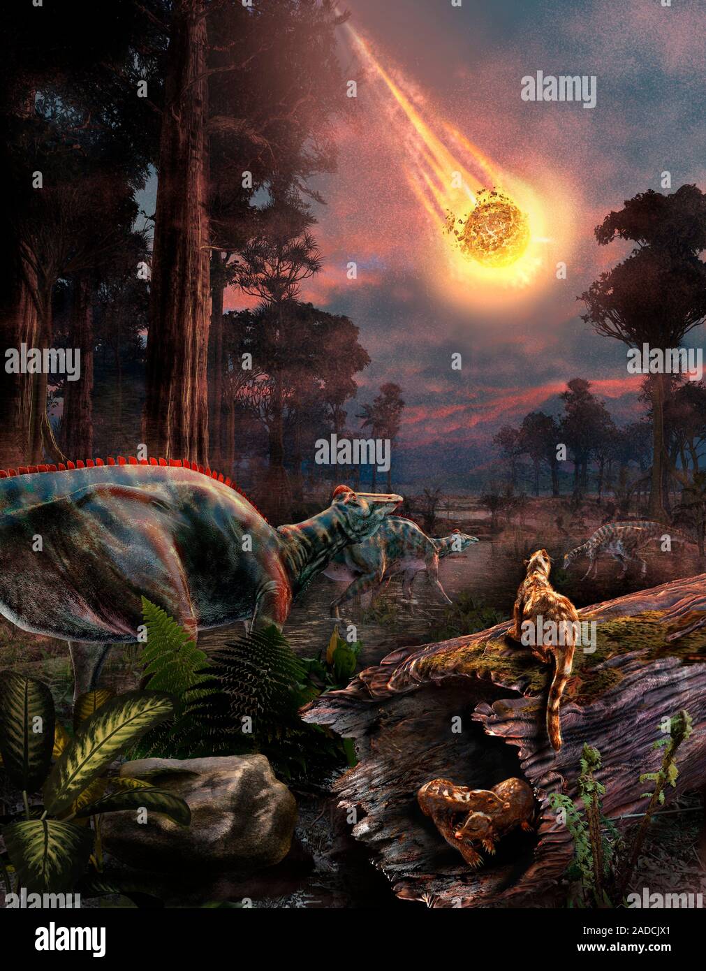 Extinction of the dinosaurs, illustration. Early mammals and a herd of ...