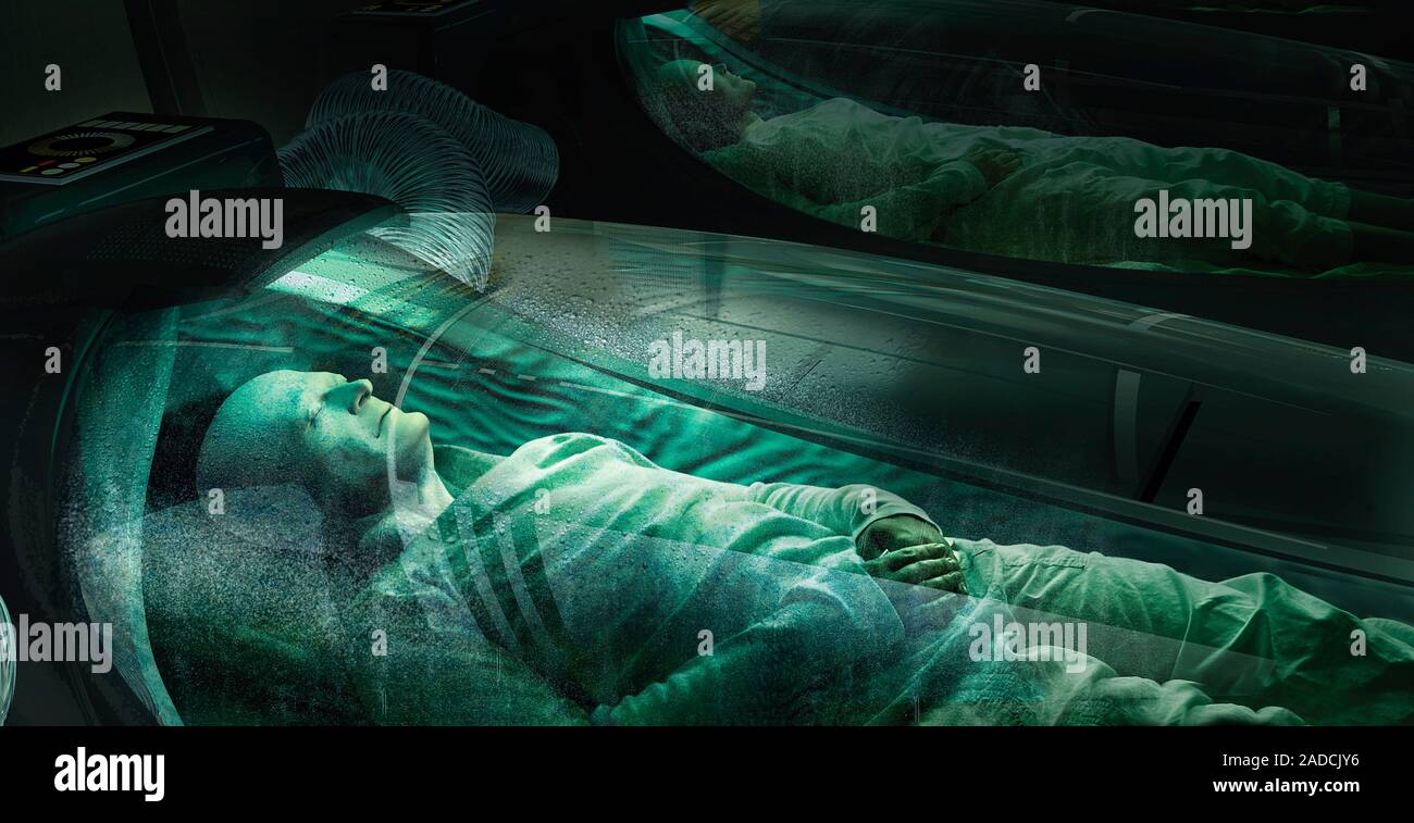 Suspended animation. Computer illustration of futuristic humans in suspended animation. This is ...