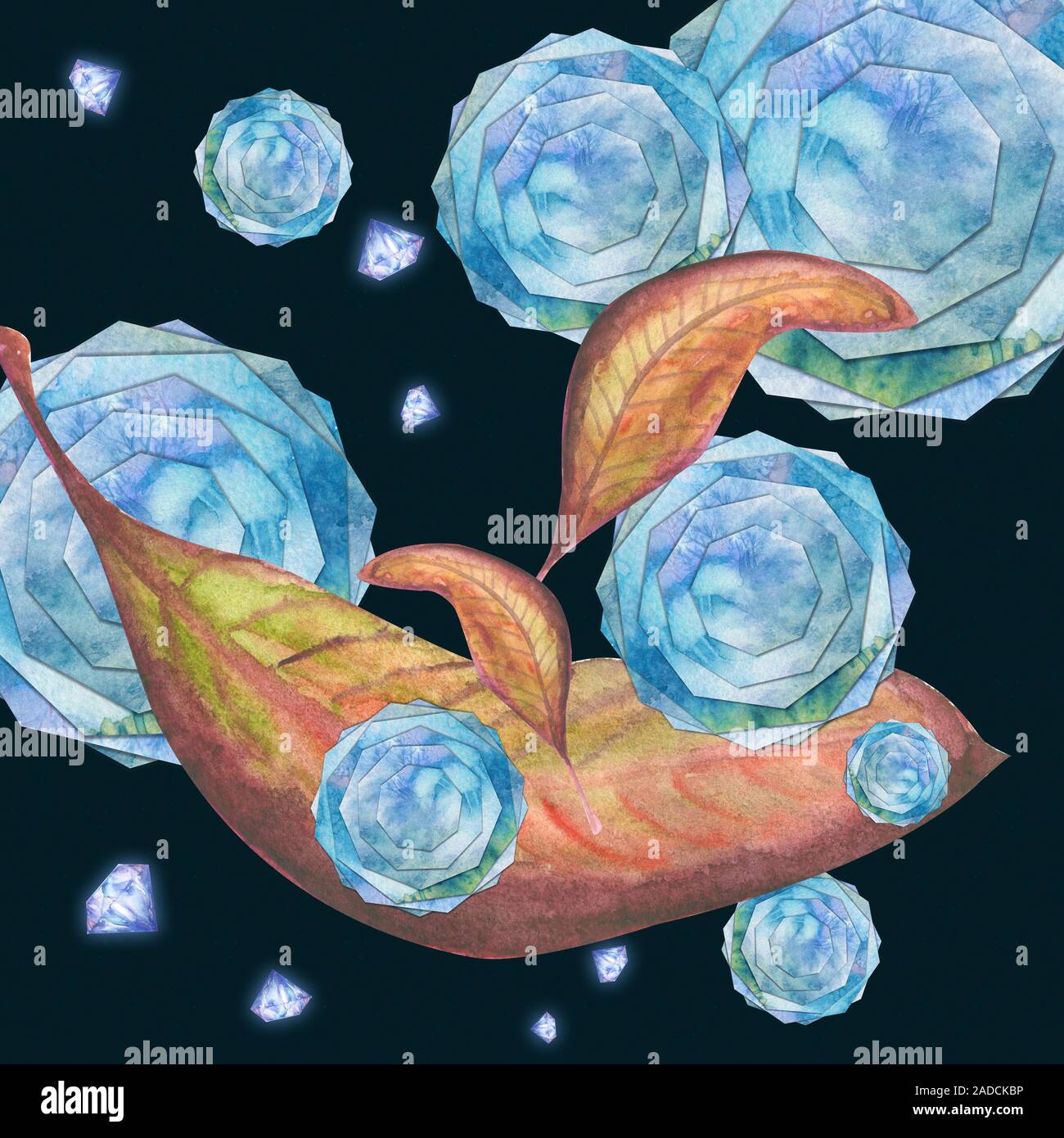 abstract dream like illustration with flying leaves and falling glowing ...