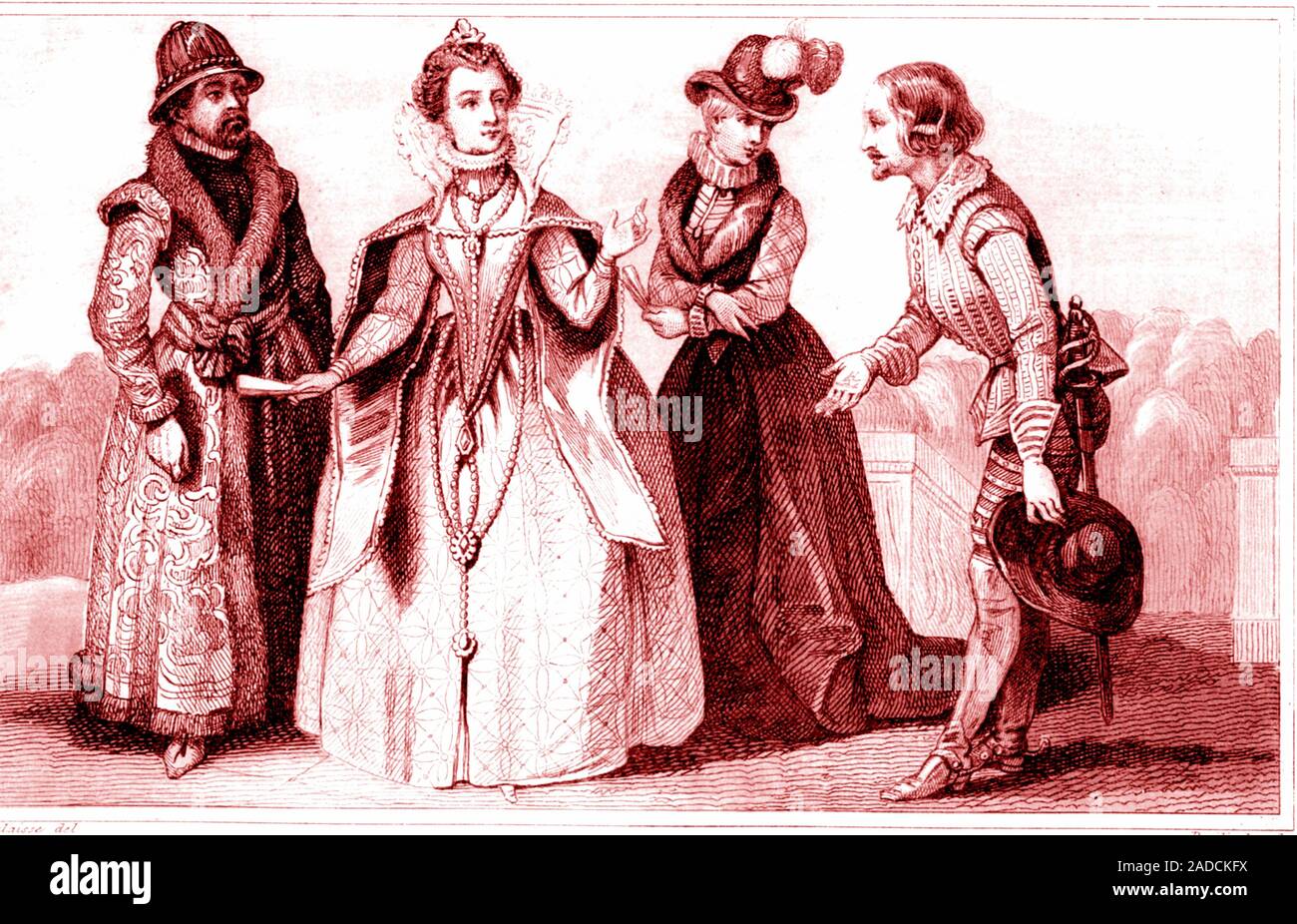 Elizabethan clothing. 1856 illustration of english men and women ...