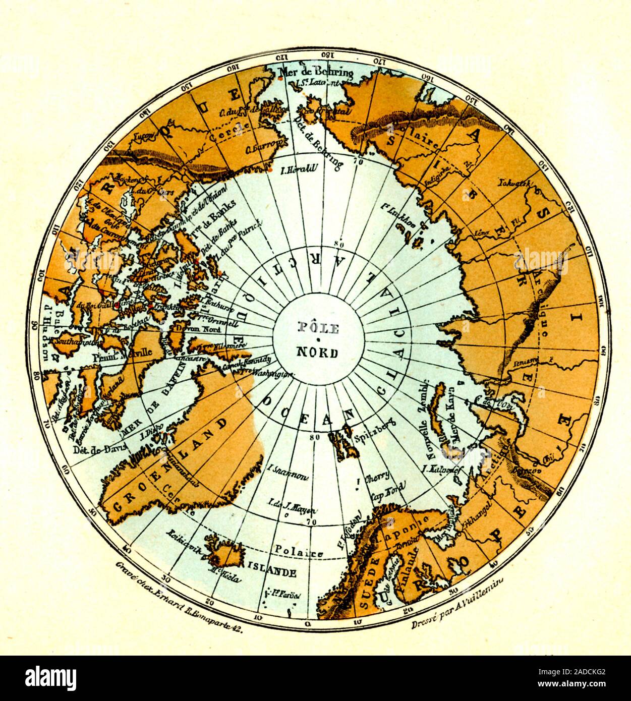 19th Century circumpolar map. 1886 map centred on the North Pole ...