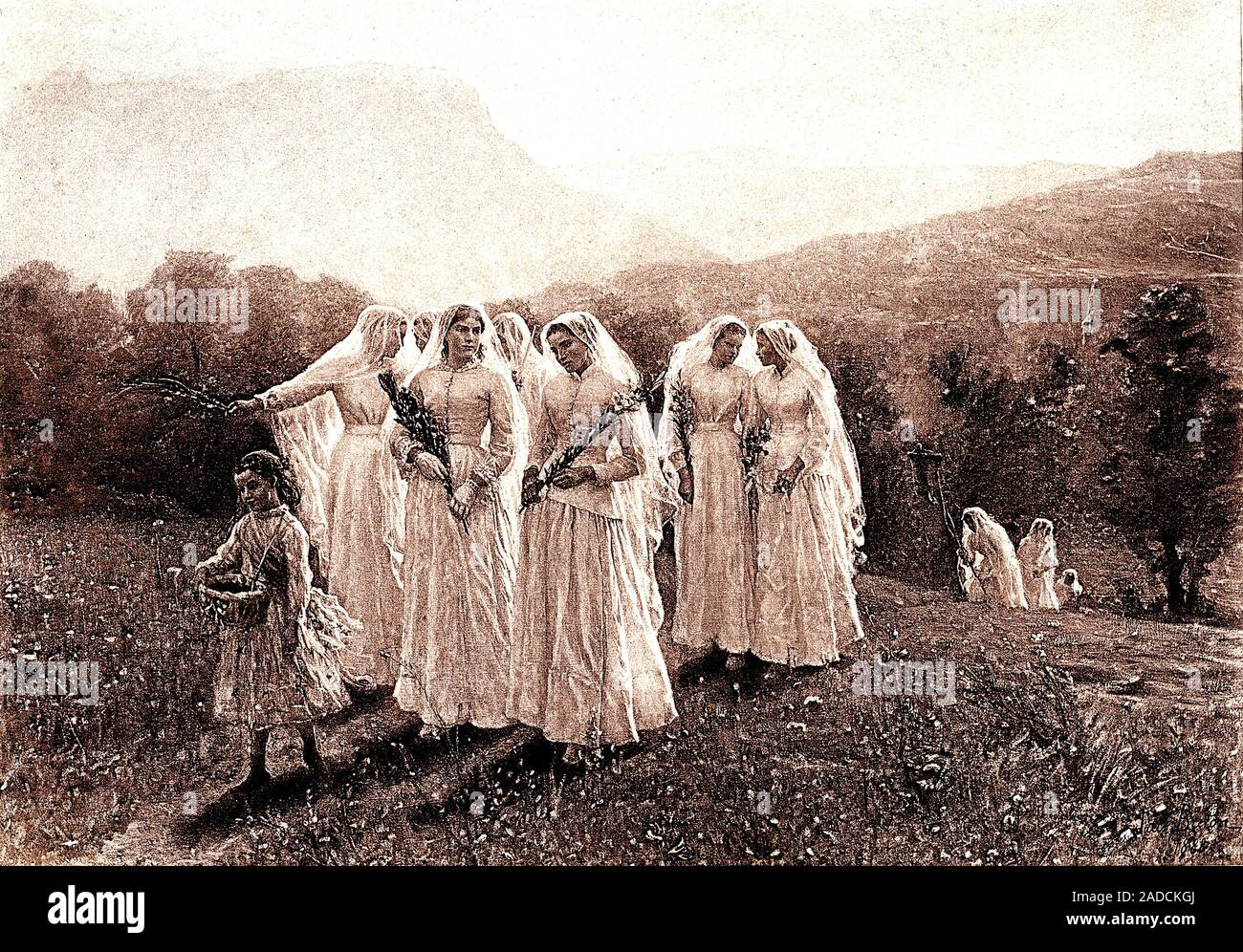 19th Century religious procession. 1875 illustration of women taking ...
