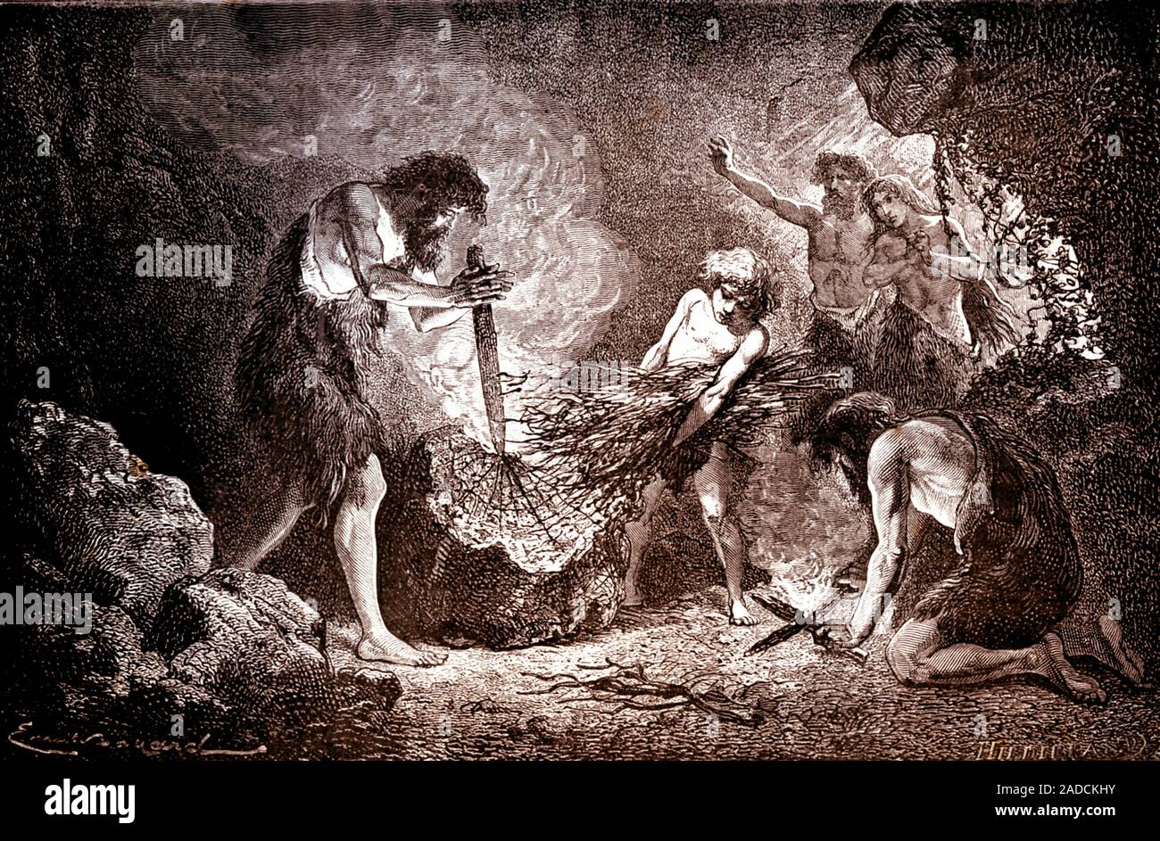 Prehistoric men making fire. 1867 illustration of prehistoric men ...