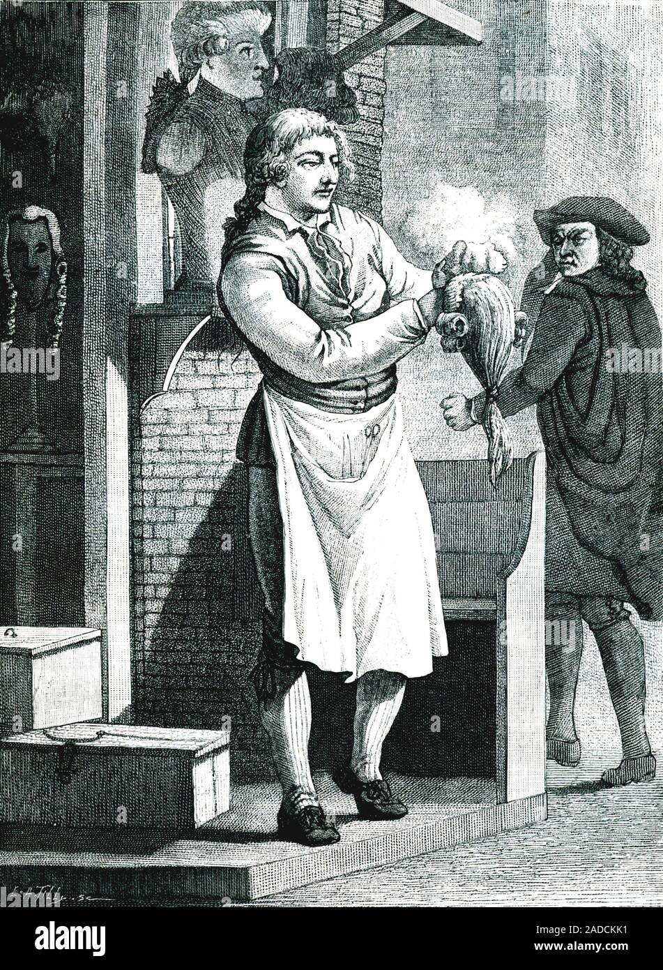18th Century wigmaker. 1845 illustration of a man making wigs Stock ...