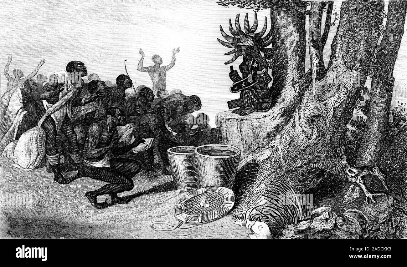 Native Africans worshipping a deity. 1868 illustration of native ...